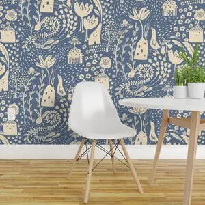 Spoonflower Whimsical Folk Art Cream Bird Floral Shabby Custom Pre-pasted Wallpaper - Blue