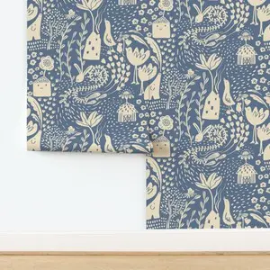 Spoonflower Whimsical Folk Art Cream Bird Floral Shabby Custom Pre-pasted Wallpaper - Blue