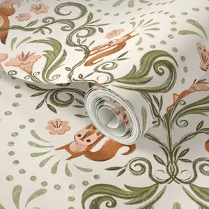 Spoonflower Whimsical Fox Squirrel Botanical Nature Custom Pre-pasted Wallpaper - Orange