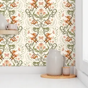 Spoonflower Whimsical Fox Squirrel Botanical Nature Custom Pre-pasted Wallpaper