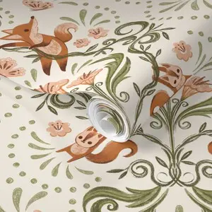 Spoonflower Whimsical Fox Squirrel Botanical Nature Custom Pre-pasted Wallpaper - Orange