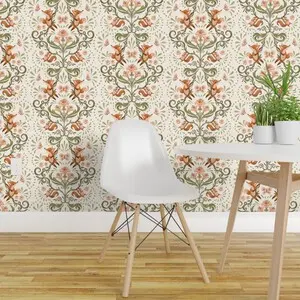 Spoonflower Whimsical Fox Squirrel Botanical Nature Custom Pre-pasted Wallpaper