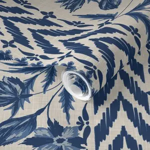 Spoonflower Folk Floral Stripe Tan Chintz Flowers Custom Pre-pasted Wallpaper - Blue