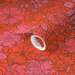 Spoonflower Floral Pink Retro Flowers Hand Drawn Custom Pre-pasted Wallpaper - Red