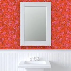 Spoonflower Floral Pink Retro Flowers Hand Drawn Custom Pre-pasted Wallpaper - Red