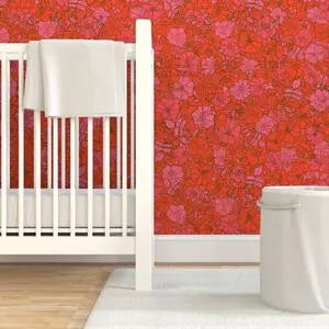 Spoonflower Floral Pink Retro Flowers Hand Drawn Custom Pre-pasted Wallpaper - Red