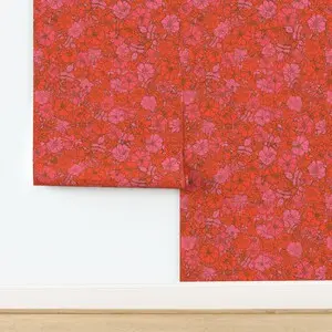 Spoonflower Floral Pink Retro Flowers Hand Drawn Custom Pre-pasted Wallpaper - Red