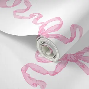 Spoonflower Rococo Ribbon Pink On White Traditional Classic Custom Pre-pasted Wallpaper Pink,white