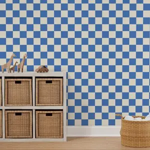Spoonflower Minimal Cobalt Retro Grid Checkerboard Custom Pre-pasted Wallpaper - Blue