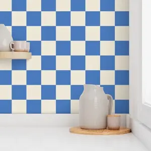 Spoonflower Minimal Cobalt Retro Grid Checkerboard Custom Pre-pasted Wallpaper - Blue