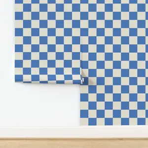 Spoonflower Minimal Cobalt Retro Grid Checkerboard Custom Pre-pasted Wallpaper - Blue