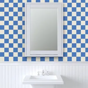 Spoonflower Minimal Cobalt Retro Grid Checkerboard Custom Pre-pasted Wallpaper - Blue