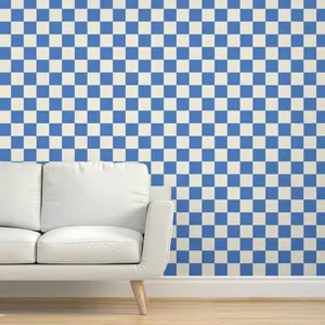 Spoonflower Minimal Cobalt Retro Grid Checkerboard Custom Pre-pasted Wallpaper - Blue