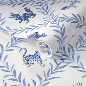 Spoonflower Chinoiserie And White Lattice Trellis Custom Pre-pasted Wallpaper - Blue