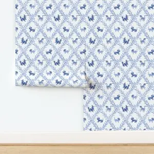 Spoonflower Chinoiserie And White Lattice Trellis Custom Pre-pasted Wallpaper - Blue
