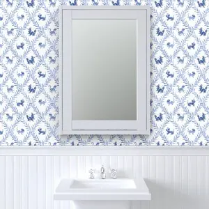 Spoonflower Chinoiserie And White Lattice Trellis Custom Pre-pasted Wallpaper - Blue