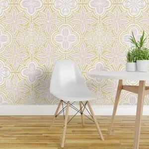Spoonflower Talavera Spring Floral Pastel Colors And Custom Pre-pasted Wallpaper - Pink