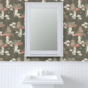 Spoonflower Mushrooms Berries Forest Woodland Custom Pre-pasted Wallpaper - Green