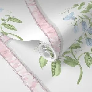 Spoonflower Trellis Ribbons Sweet Pea Plant Blue Green Custom Pre-pasted Wallpaper - Pink