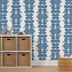 Spoonflower Inkblot Stripe White Denim Abstract Modern Custom Pre-pasted Wallpaper - Blue