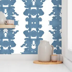 Spoonflower Inkblot Stripe White Denim Abstract Modern Custom Pre-pasted Wallpaper - Blue