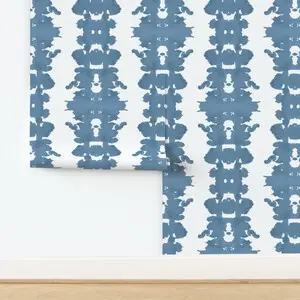 Spoonflower Inkblot Stripe White Denim Abstract Modern Custom Pre-pasted Wallpaper - Blue