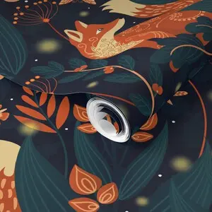Spoonflower Whimsical Garden Orange Foxes Midnight Custom Pre-pasted Wallpaper - Blue