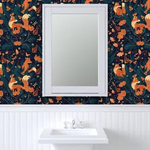 Spoonflower Whimsical Garden Orange Foxes Midnight Custom Pre-pasted Wallpaper