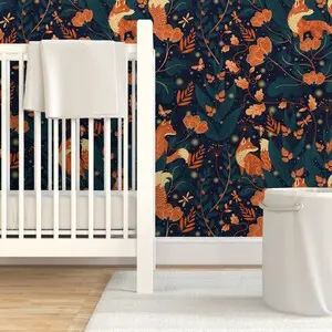Spoonflower Whimsical Garden Orange Foxes Midnight Custom Pre-pasted Wallpaper