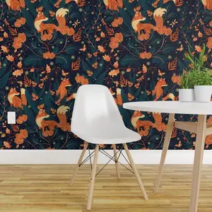 Spoonflower Whimsical Garden Orange Foxes Midnight Custom Pre-pasted Wallpaper