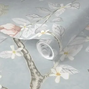 Spoonflower French Chinoiserie Soft Blue Grey Songbirds Custom Pre-pasted Wallpaper - Gray