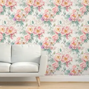 Spoonflower Blooming Peony Pastel Flower Custom Pre-pasted Wallpaper - Pink