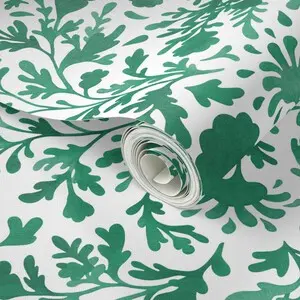 Spoonflower Botanical Floral Jade White Vintage Emerald Custom Pre-pasted Wallpaper - Green
