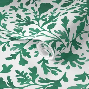 Spoonflower Botanical Floral Jade White Vintage Emerald Custom Pre-pasted Wallpaper - Green