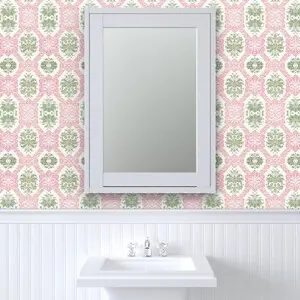 Spoonflower Indian Block Print Bombay And Green Colonial Custom Pre-pasted Wallpaper - Pink