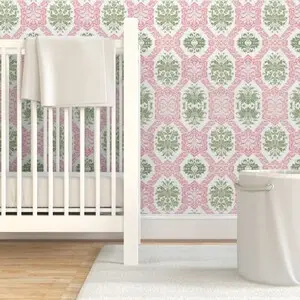 Spoonflower Indian Block Print Bombay And Green Colonial Custom Pre-pasted Wallpaper - Pink