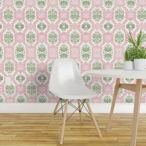 Spoonflower Indian Block Print Bombay And Green Colonial Custom Pre-pasted Wallpaper - Pink