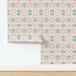 Spoonflower Indian Block Print Bombay And Green Colonial Custom Pre-pasted Wallpaper - Pink