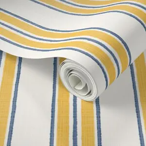 Spoonflower Ticking Stripe Traditional Classic Timeless Blue Custom Pre-pasted Wallpaper - Blue,yellow,cream