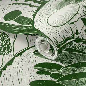 Spoonflower Mushrooms Scallop Woodland Fungi Block Print Custom Pre-pasted Wallpaper - Green