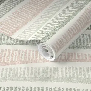 Spoonflower Coastal Stripe Minimal Sage Green Blush Custom Pre-pasted Wallpaper