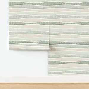 Spoonflower Coastal Stripe Minimal Sage Green Blush Custom Pre-pasted Wallpaper