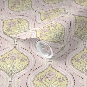 Spoonflower Spring Floral Pastel Pink Yellow Feminine Cheerful Custom Pre-pasted Wallpaper - Yellow,pink