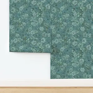 Spoonflower Floral Retro Flowers Hand Drawn Monochromatic Custom Pre-pasted Wallpaper - Blue