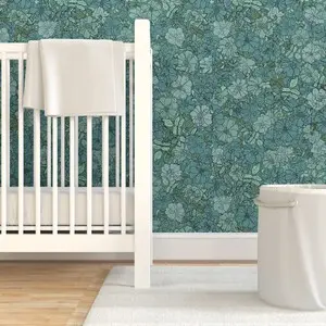 Spoonflower Floral Retro Flowers Hand Drawn Monochromatic Custom Pre-pasted Wallpaper - Blue