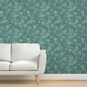Spoonflower Floral Retro Flowers Hand Drawn Monochromatic Custom Pre-pasted Wallpaper - Blue