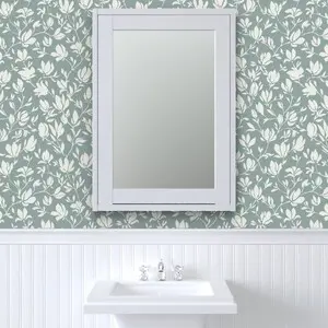 Spoonflower Modern Floral Green Elegant Custom Pre-pasted Wallpaper - Sage