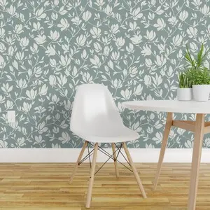 Spoonflower Modern Floral Green Elegant Custom Pre-pasted Wallpaper - Sage