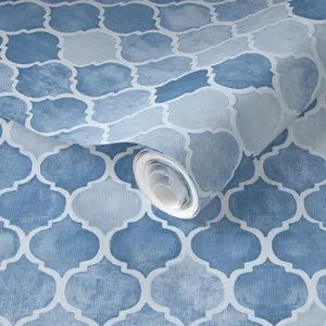 Spoonflower Decorative Vintage Tile Monochrome Soft Blue Custom Pre-pasted Wallpaper Blue