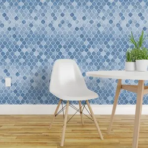 Spoonflower Decorative Vintage Tile Monochrome Soft Custom Pre-pasted Wallpaper - Blue